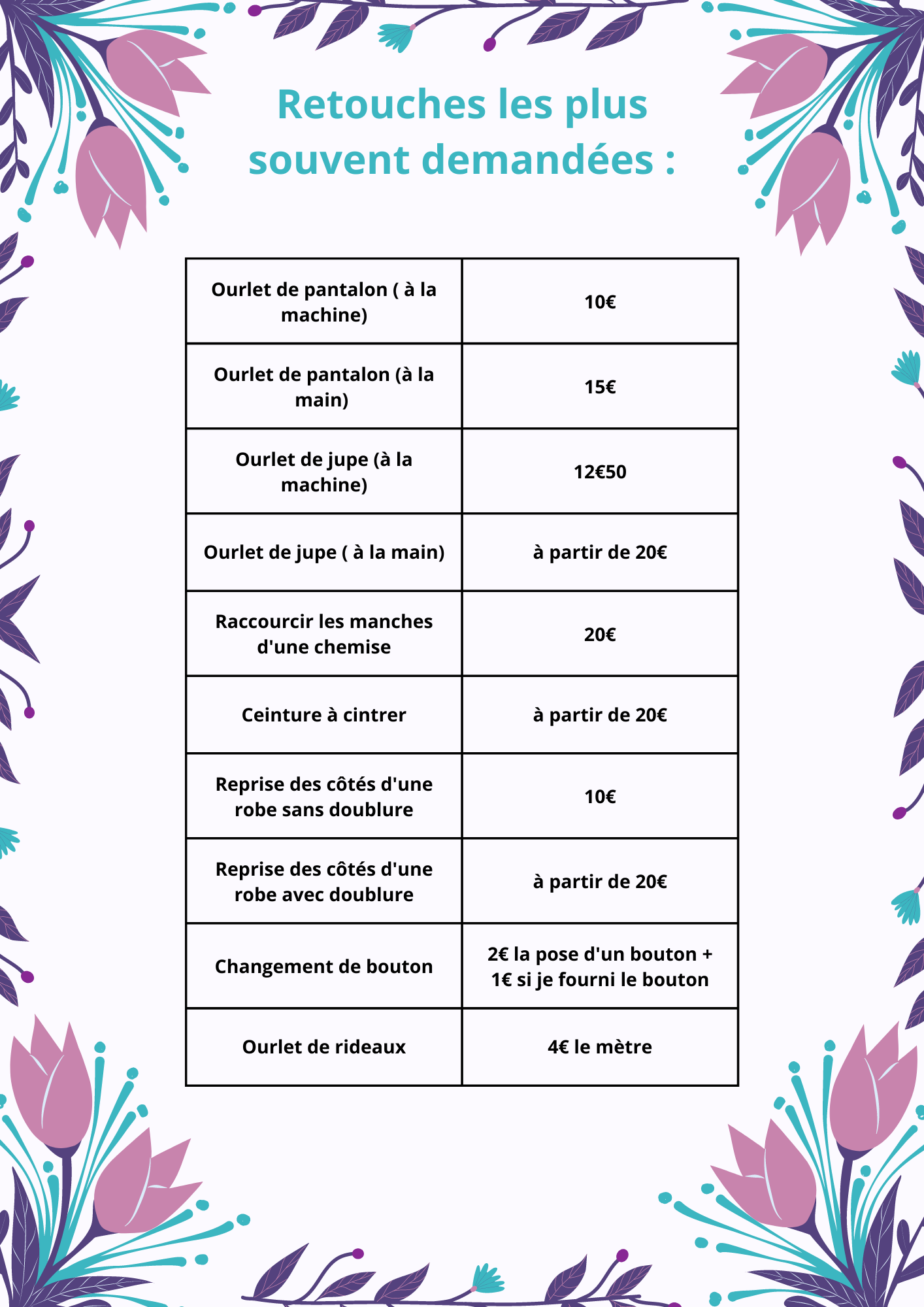 Tarifs des produits et prestations